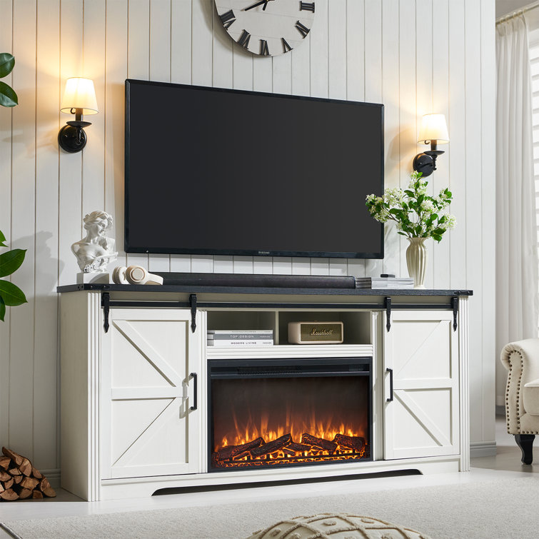 Gracie Oaks Dossou 70 Inch TV Stand For TVs Up To 80 Inches With Electric Fireplace Included Fireplace TV Console With 2 Sliding Barn Doors Drawers Reviews Wayfair
